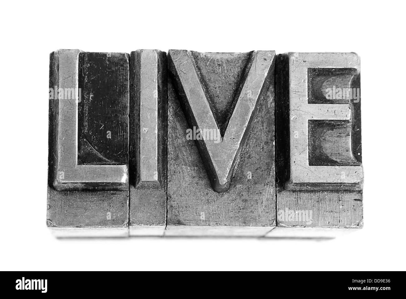 LIVE sign, antique metal letter type Stock Photo - Alamy
