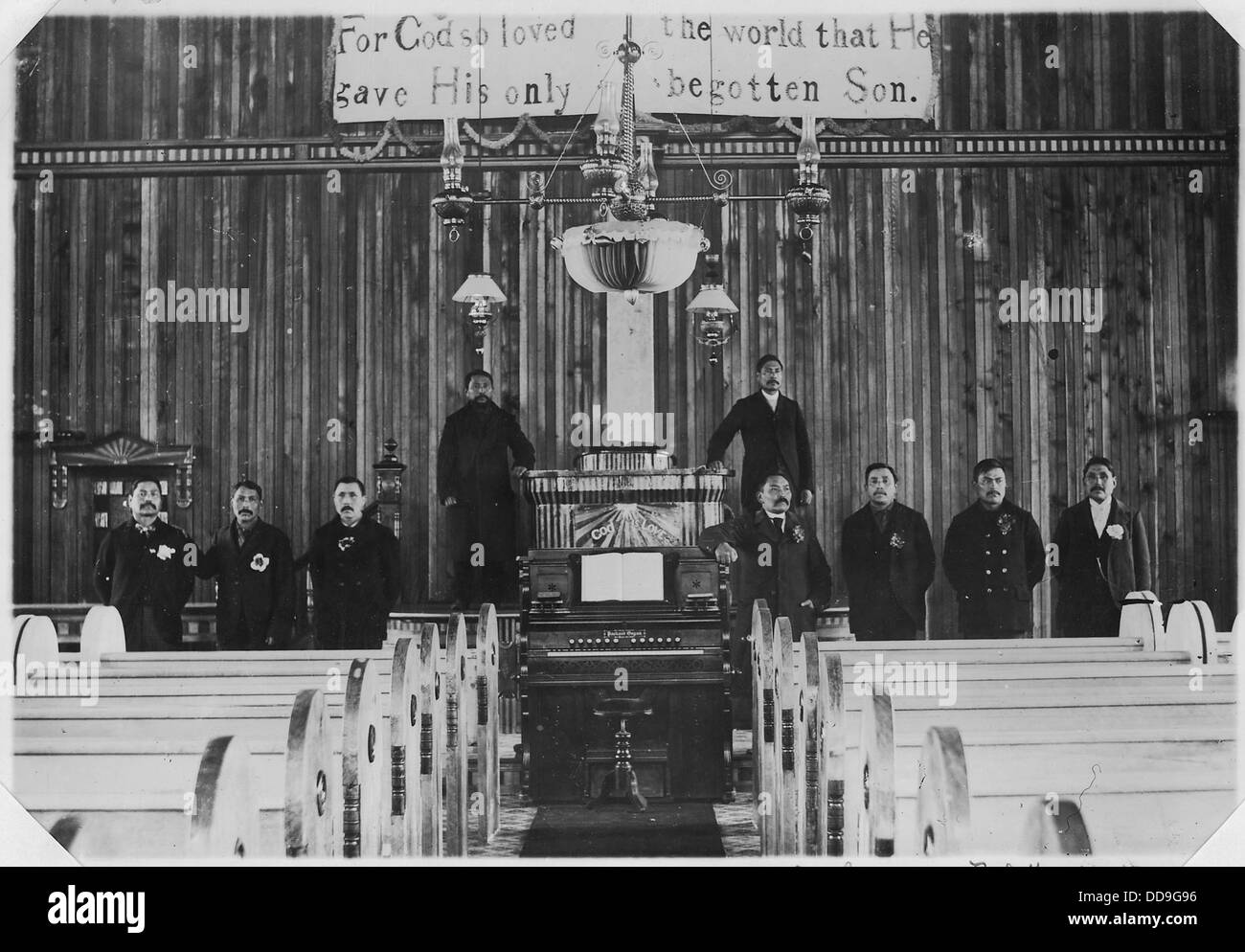 The image shows the interior of a church in Metlakahtla, Alaska ...