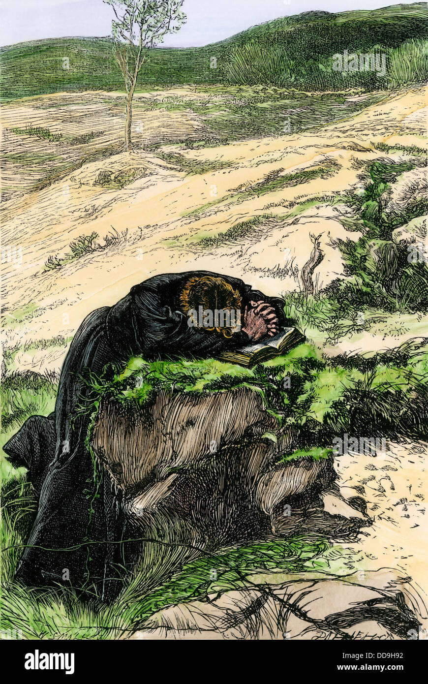 Man praying for deliverance. Hand-colored woodcut Stock Photo - Alamy
