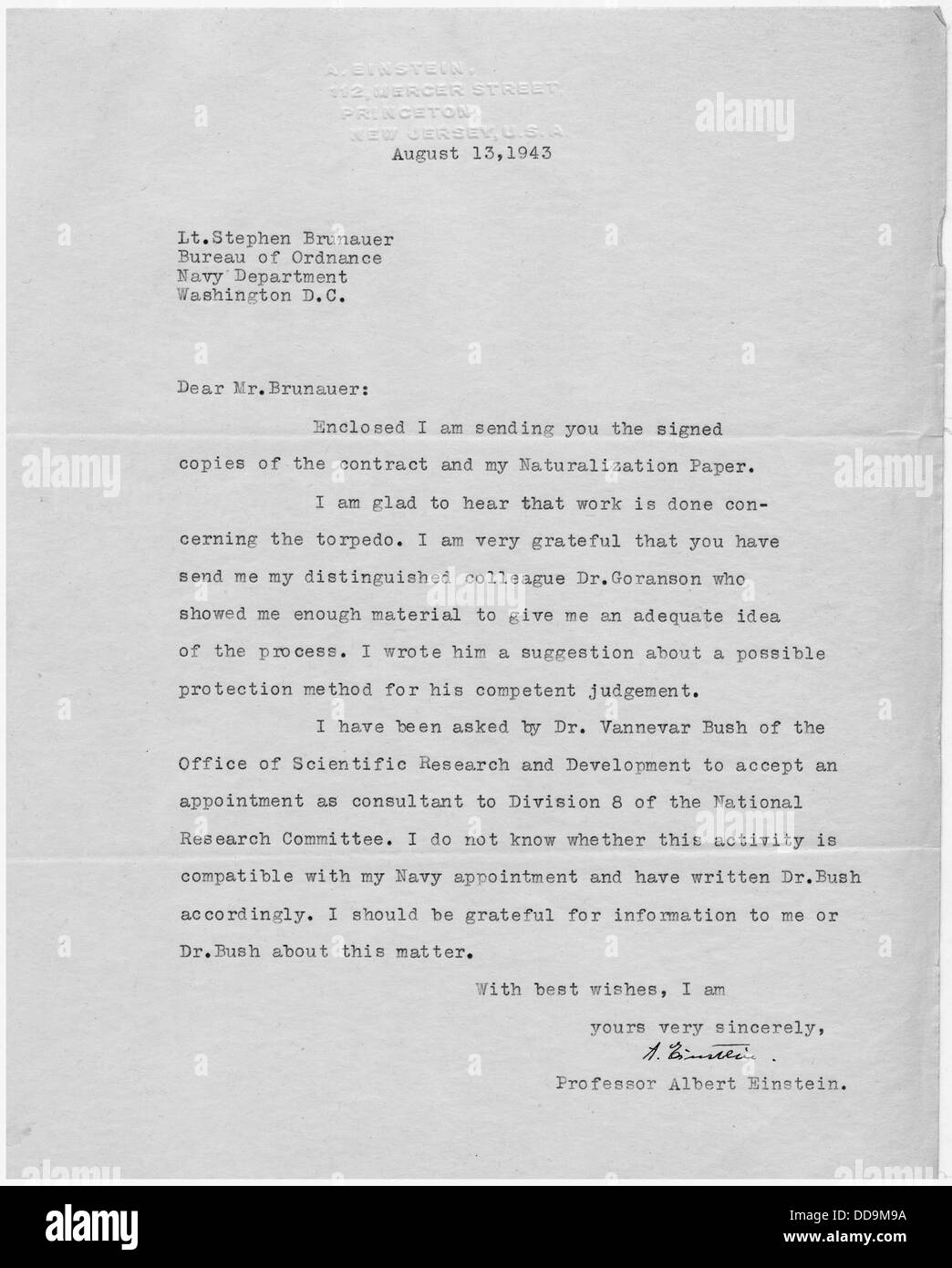 Albert Einstein’s letter to Lieutenant Stephen Brunauer, U.S. Navy ...