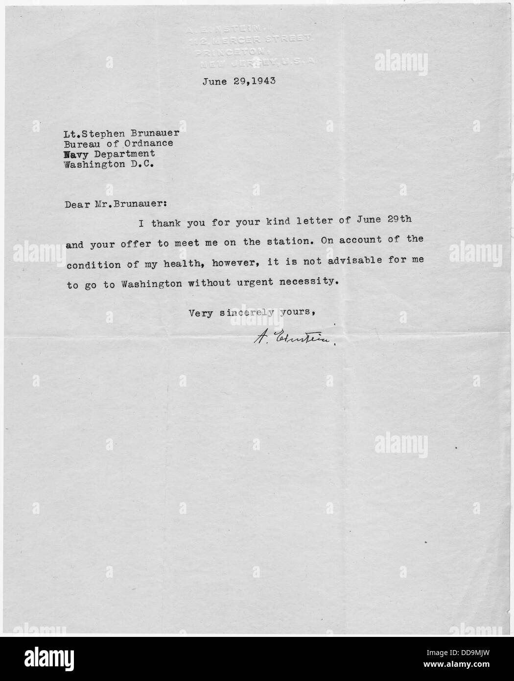 Letter of albert einstein to the lieutenant stephen brunauer Black and ...