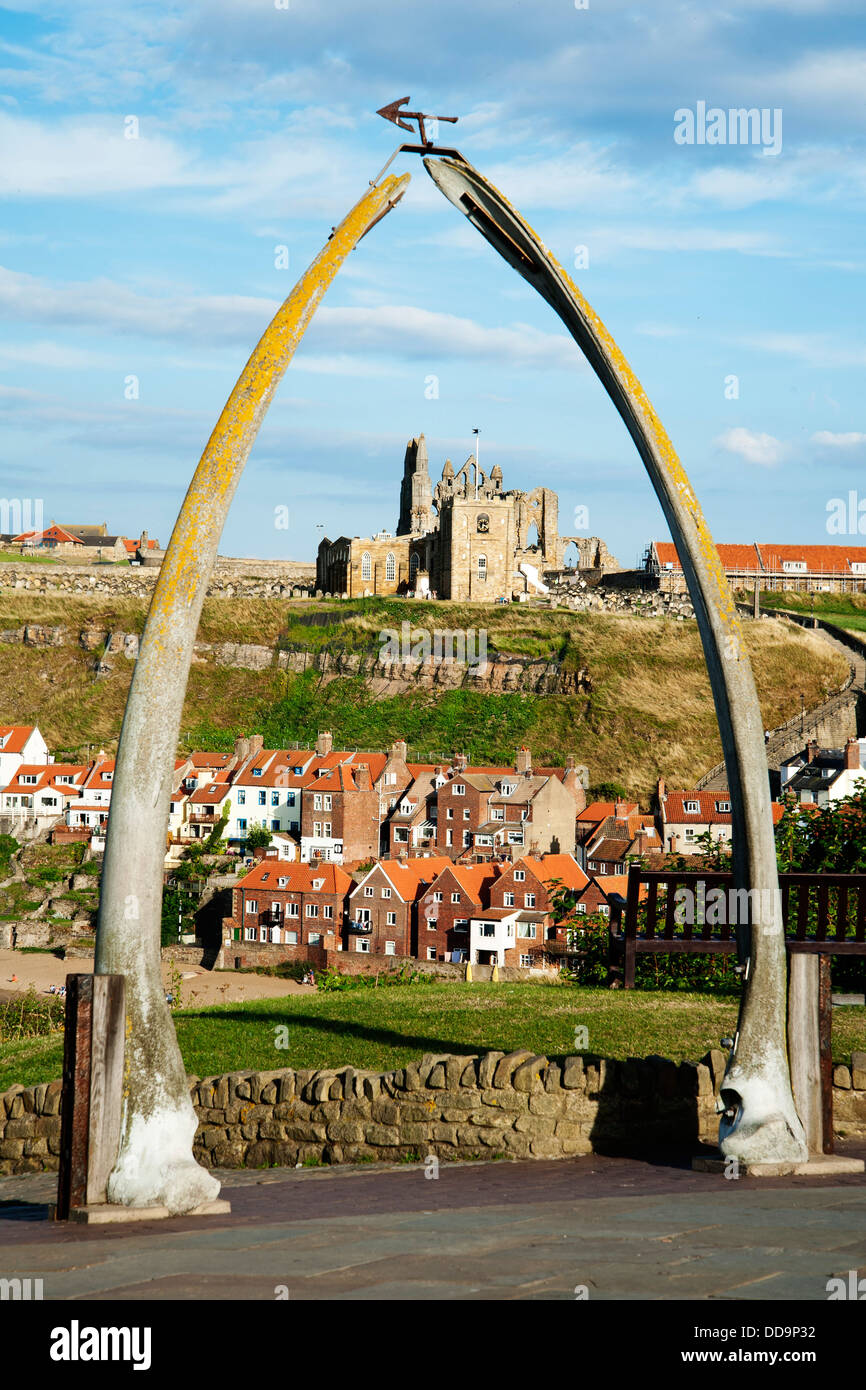 A view of Whitbys St. Hildas abbey taken from the whales Jaw bone Stock ...