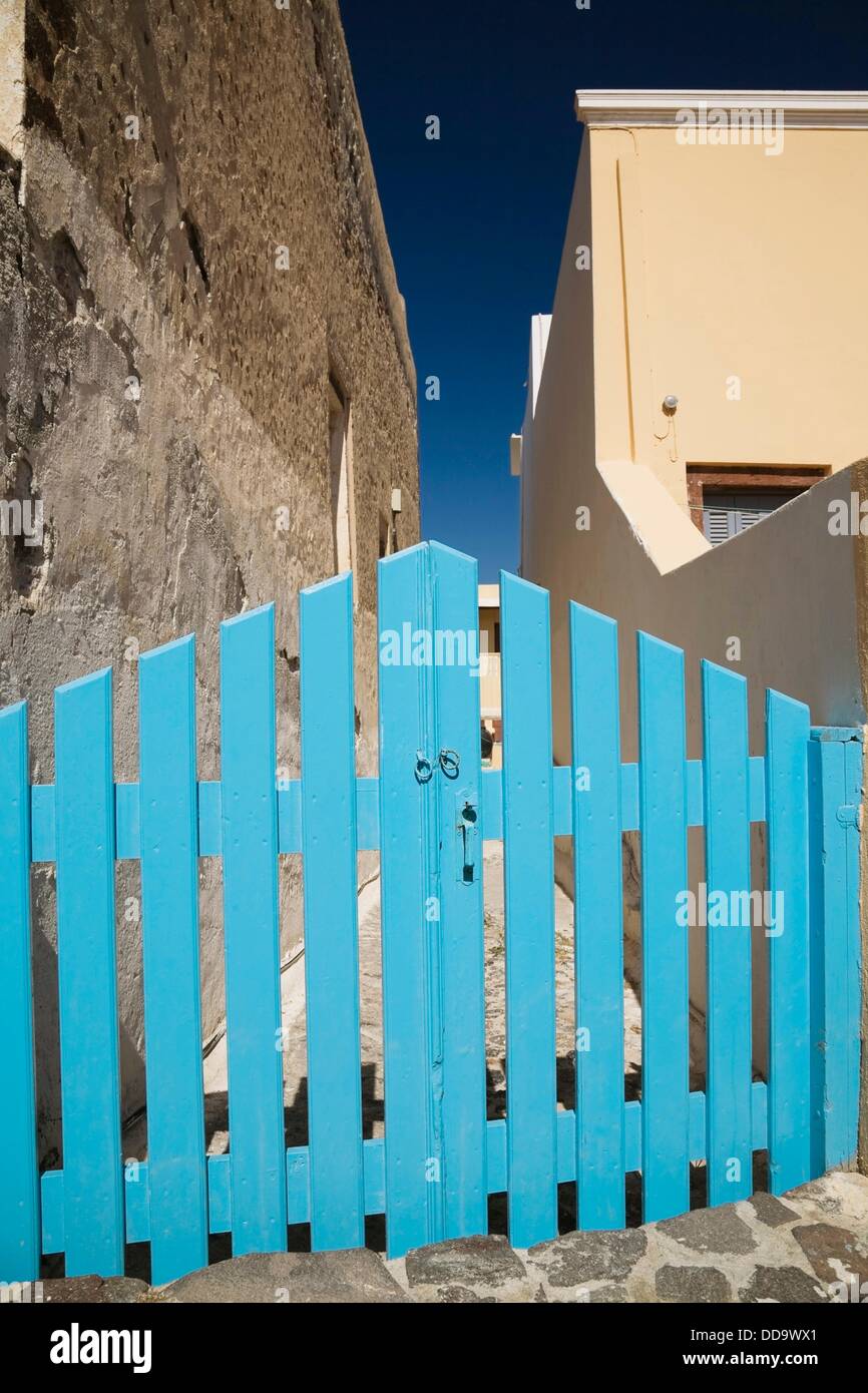 Traditional blue painted wooden fence, Oia, Santorini, Greece Stock ...