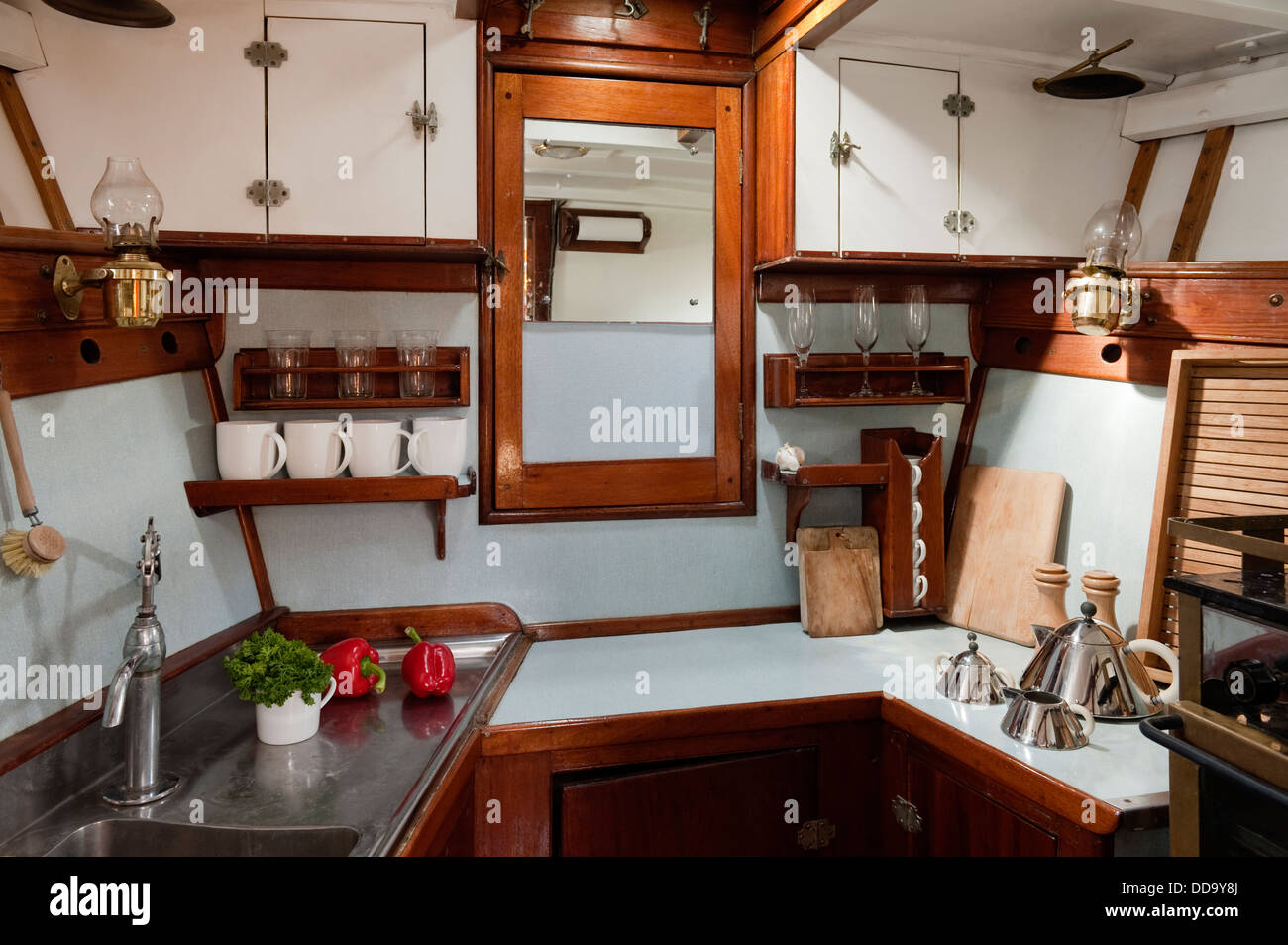 Cabin interior - kitchen draining board, shelving and worktops Stock ...