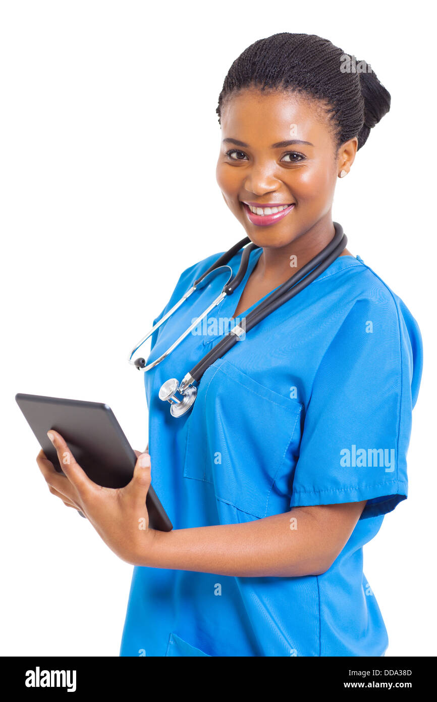 beautiful female African American medical nurse with tablet computer on ...