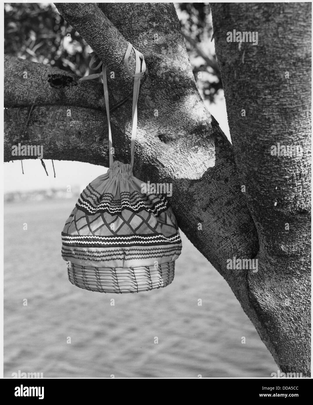 This Seminole coiled sweet grass basket features a cloth top ...