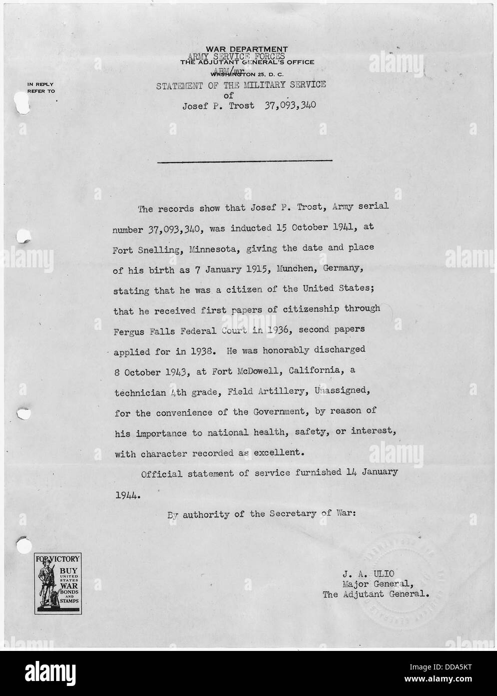 This document is a statement of military service for Josef Peter Ludwig ...