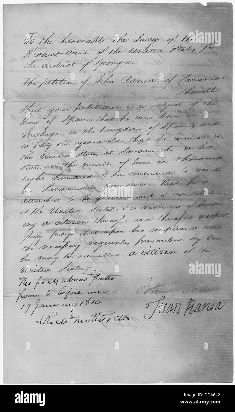 The naturalization petition of John Ranea. - - 279285 Stock Photo - Alamy