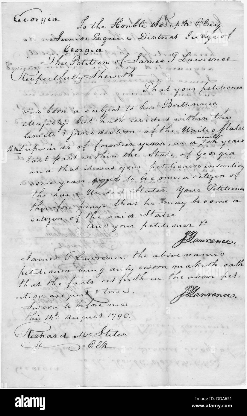 A historical document showing the naturalization petition of James T ...