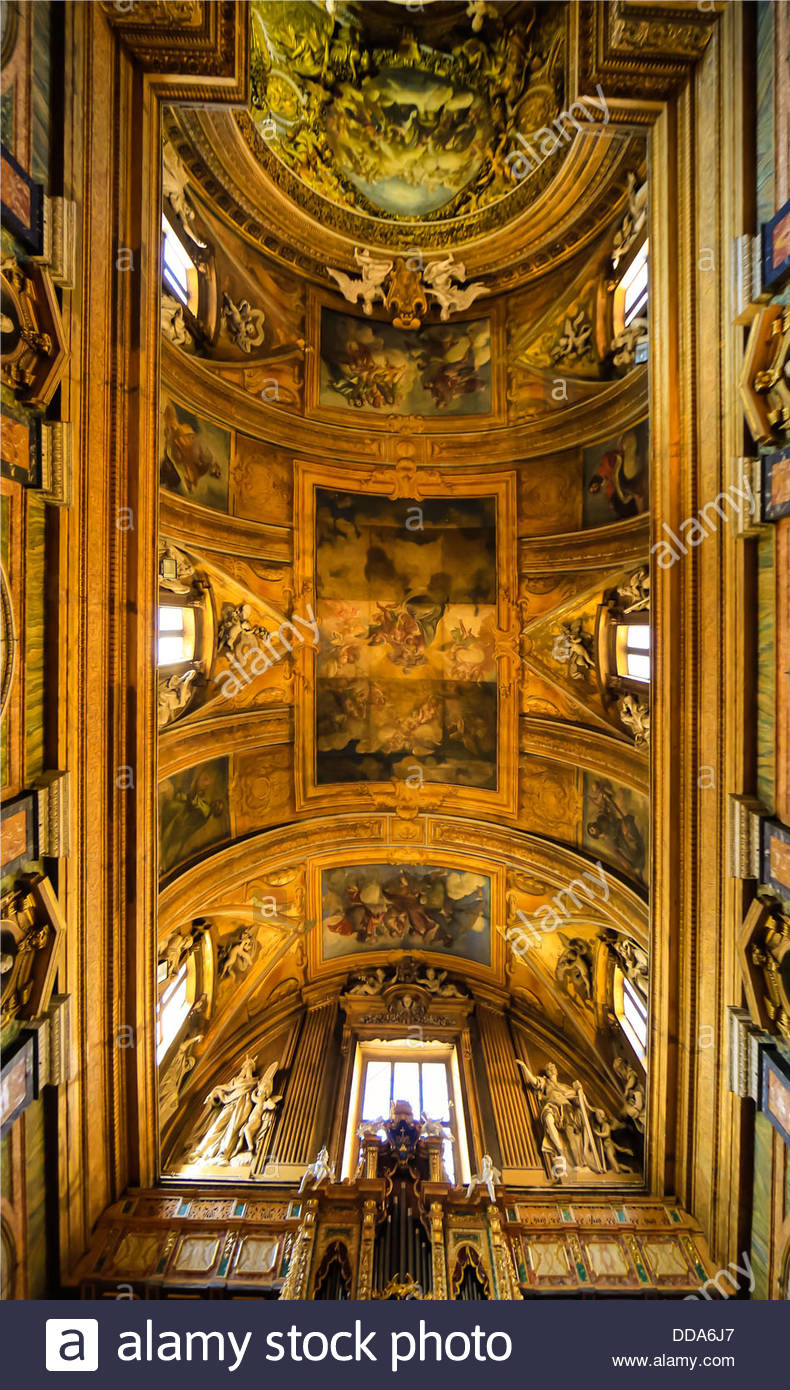 Wide angle view of "barrel vaulted" ceiling of Church of Gesu e Maria ...