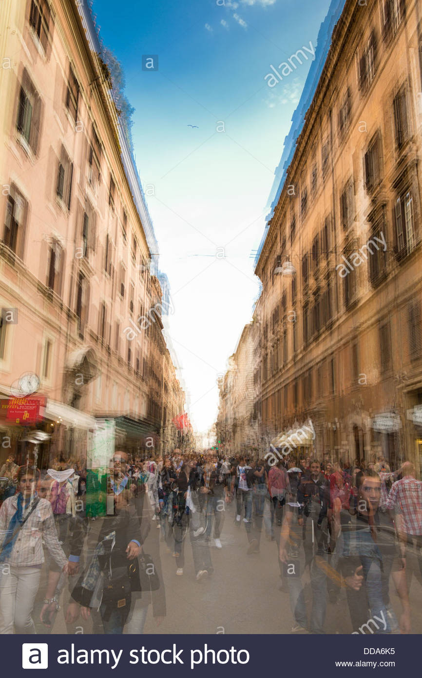 Abstract multiple exposures of pedestrians surrounded by architecture ...