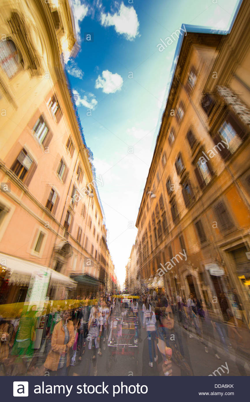 Abstract multiple exposures of pedestrians surrounded by architecture ...