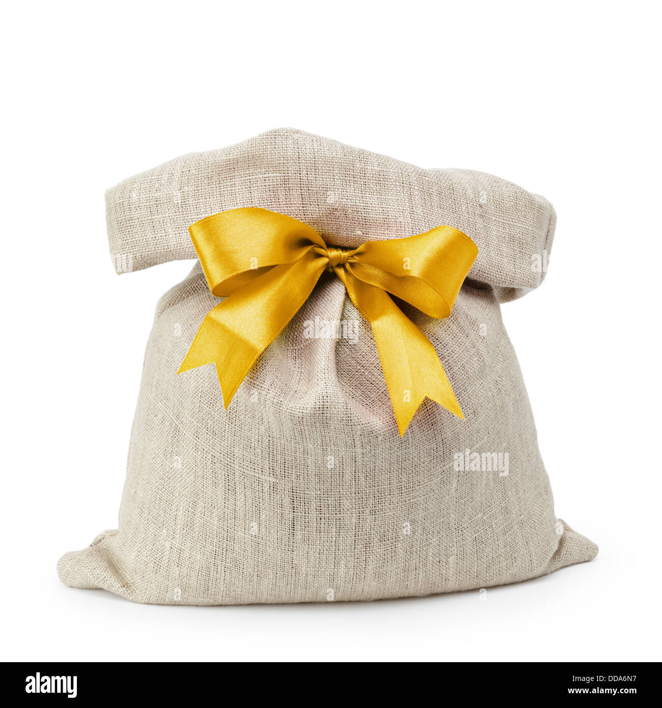 sack gift bag with ribbon bow, isolated on white Stock Photo - Alamy