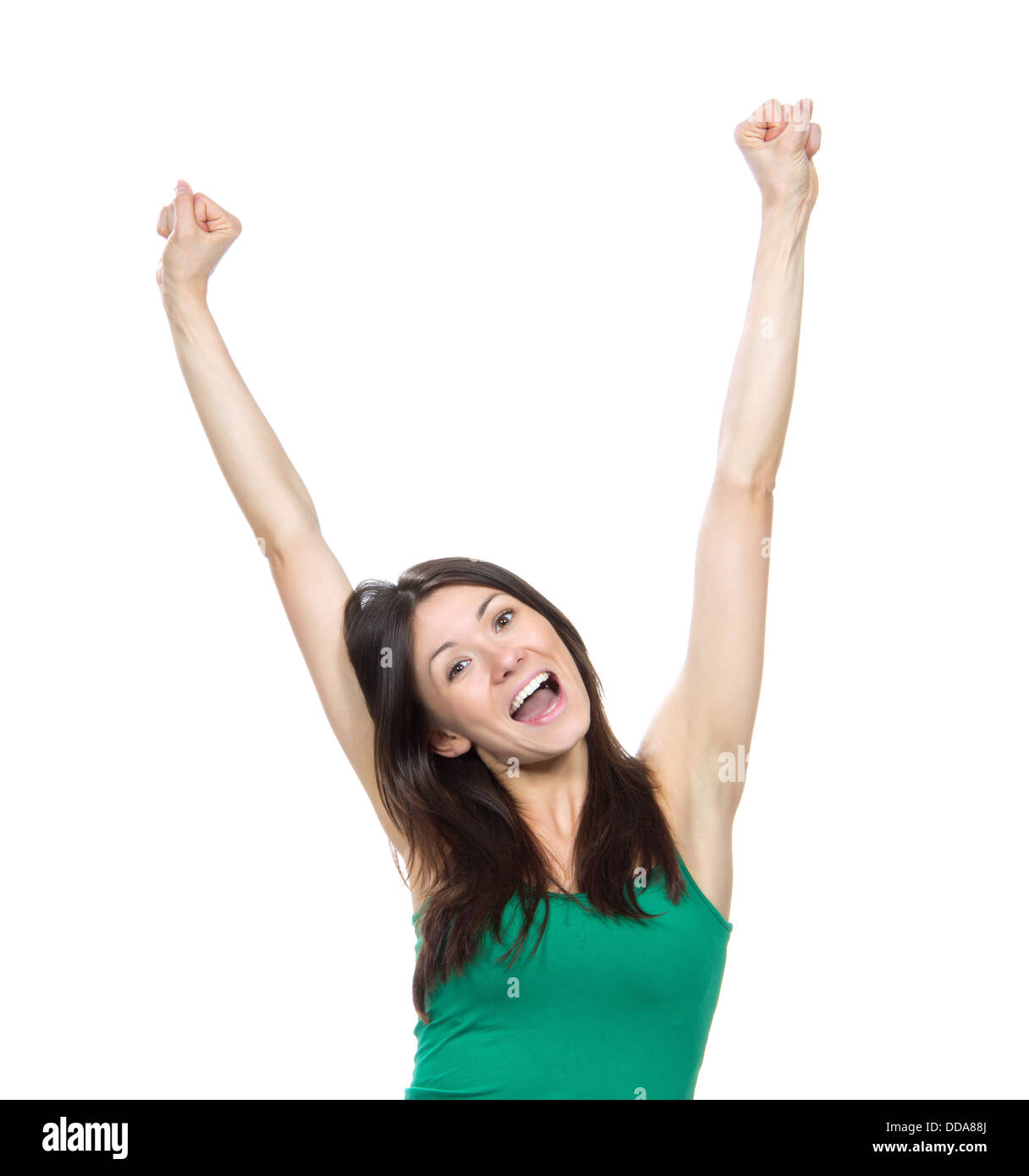 Happy woman with raised arms or hands up sign screaming yelling ...