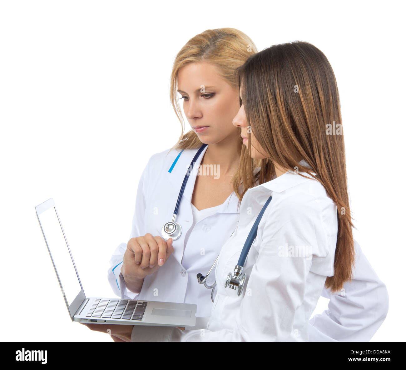 Two doctors or nurses assistant research with laptop computer isolated ...