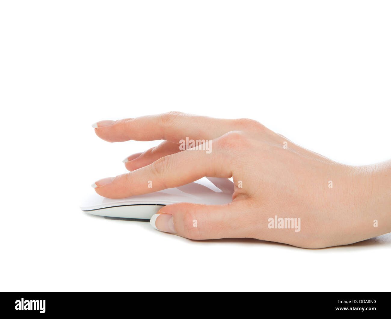 Hand click on modern computer mouse isolated on a white background ...