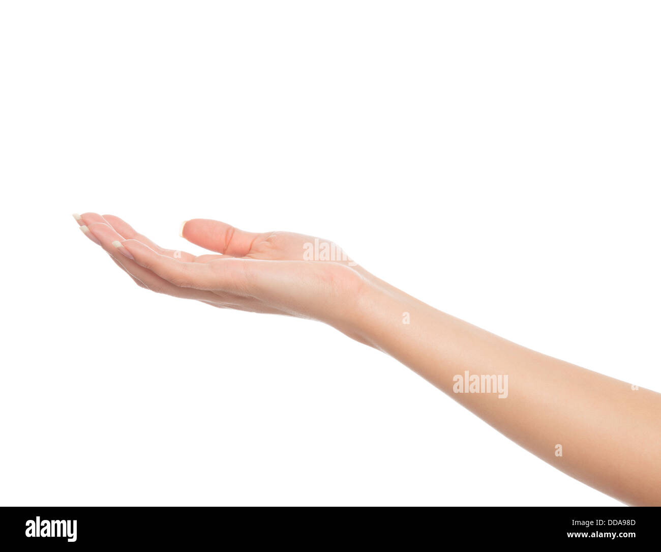 Beautiful woman open hand sign with french manicure nails isolated on a ...