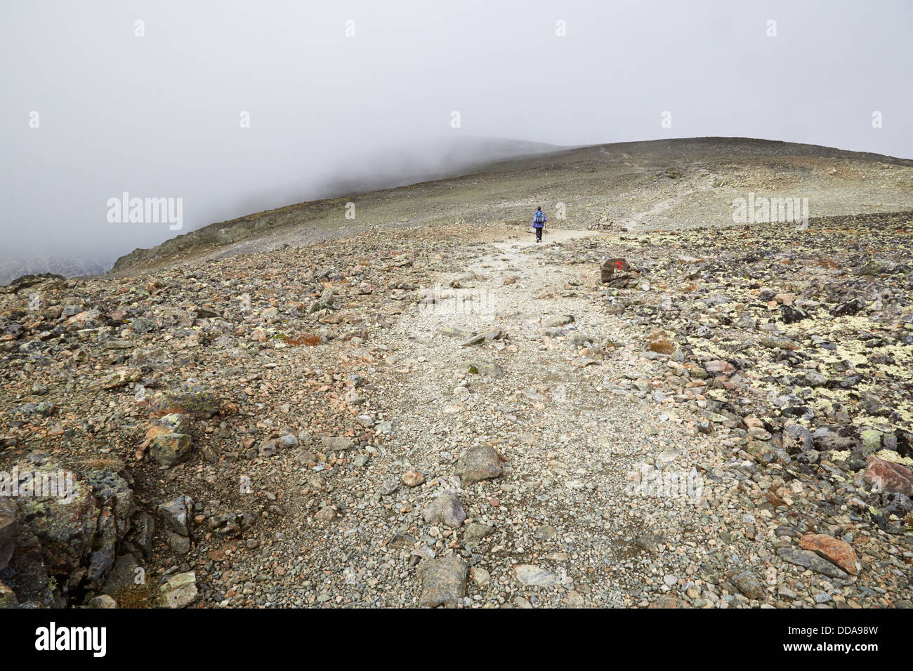 Walker on the Besseggen Ridge walk approaching the bare rocky summit of ...
