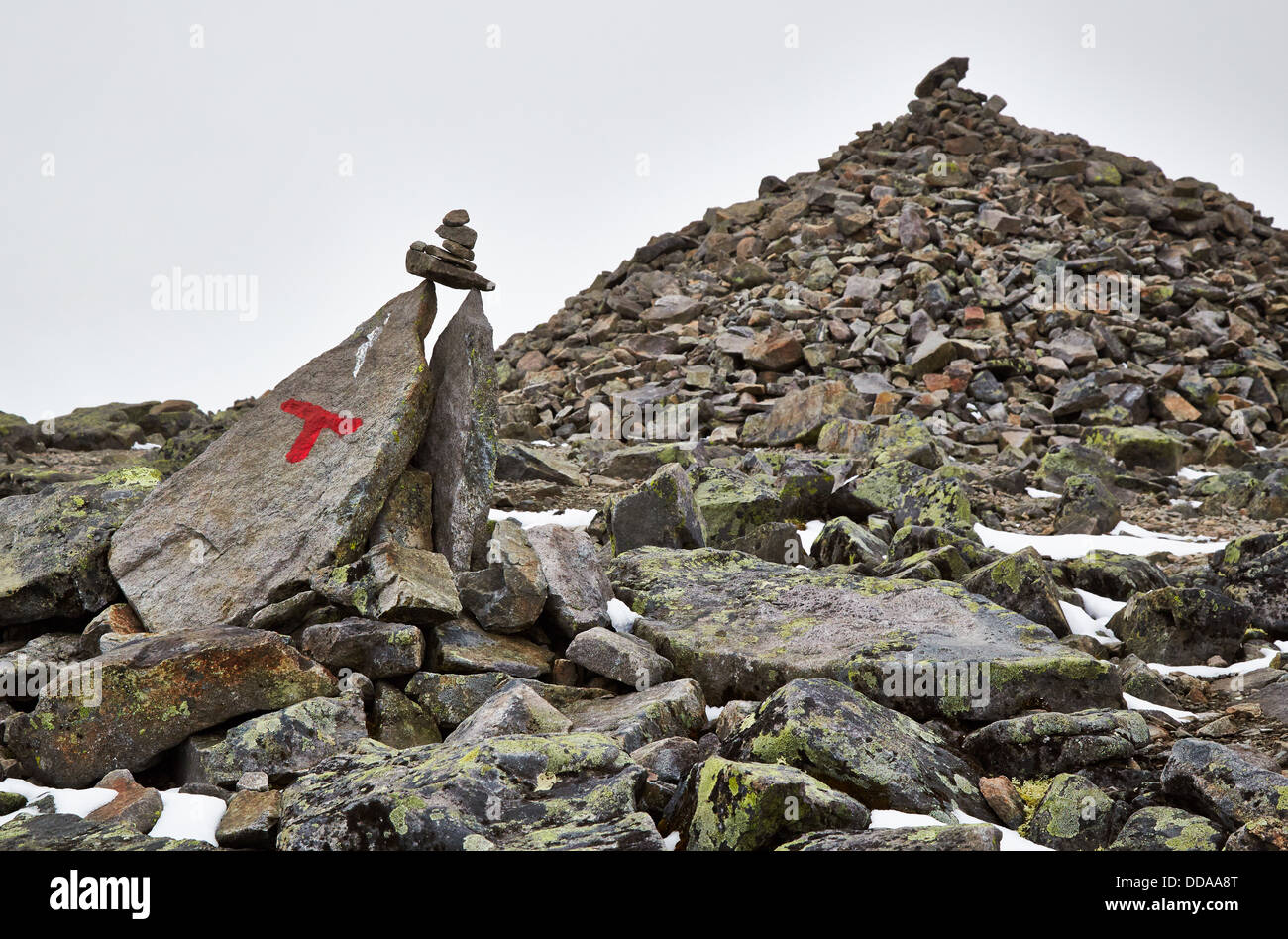 Summit cairns of Veslfjellet the highest point of the Besseggen Ridge ...