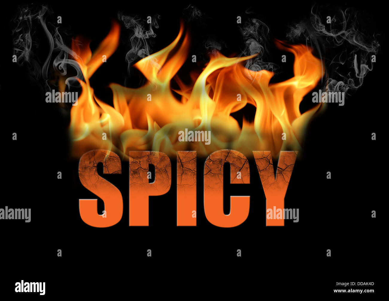 This is the word spicy in fire text with smoke and flames coming off a ...