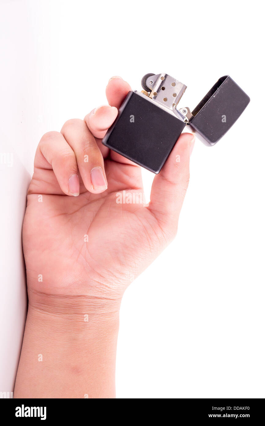 Hand hold holding lighter, on white background Stock Photo - Alamy