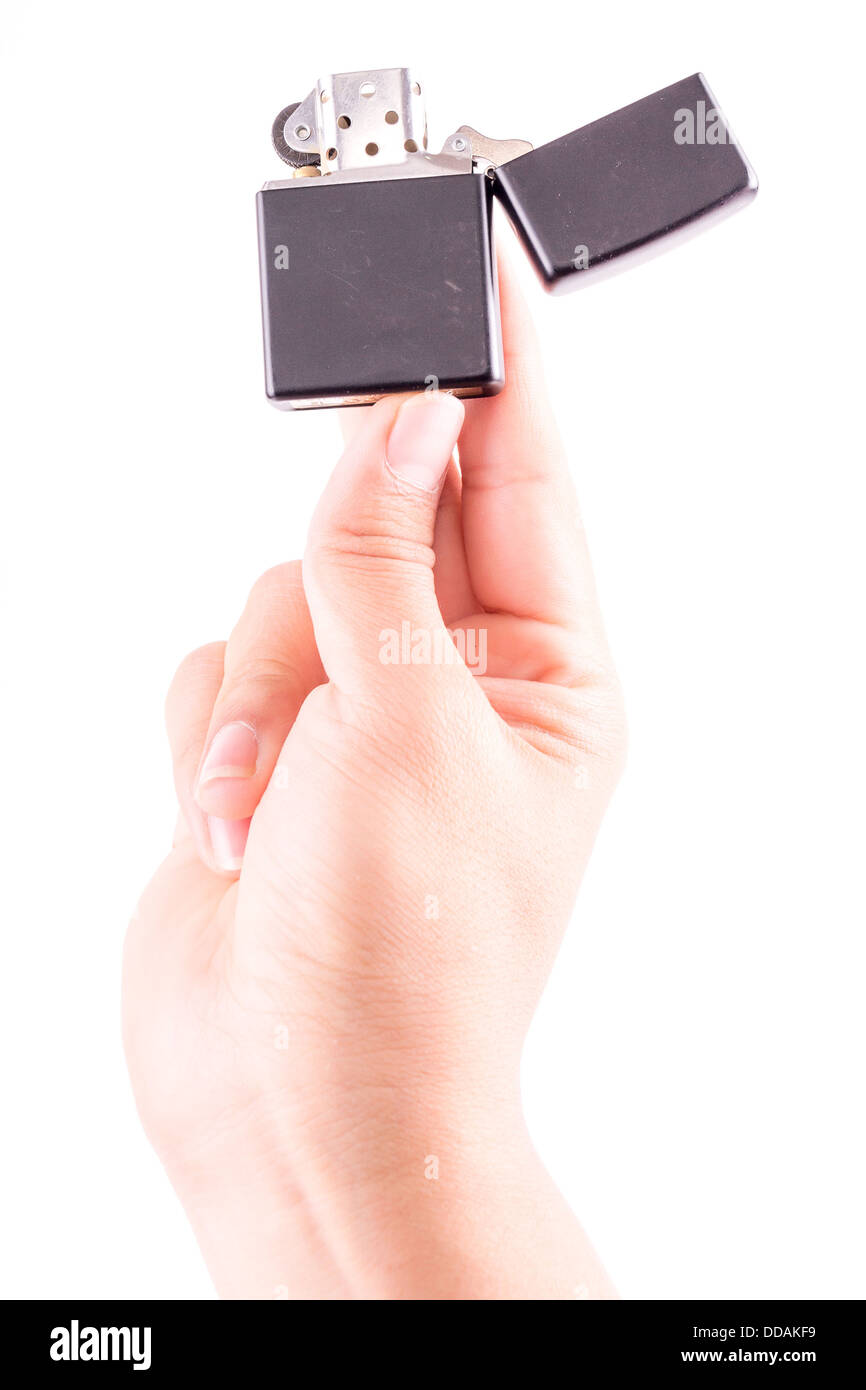 Hand hold holding lighter, on white background Stock Photo - Alamy