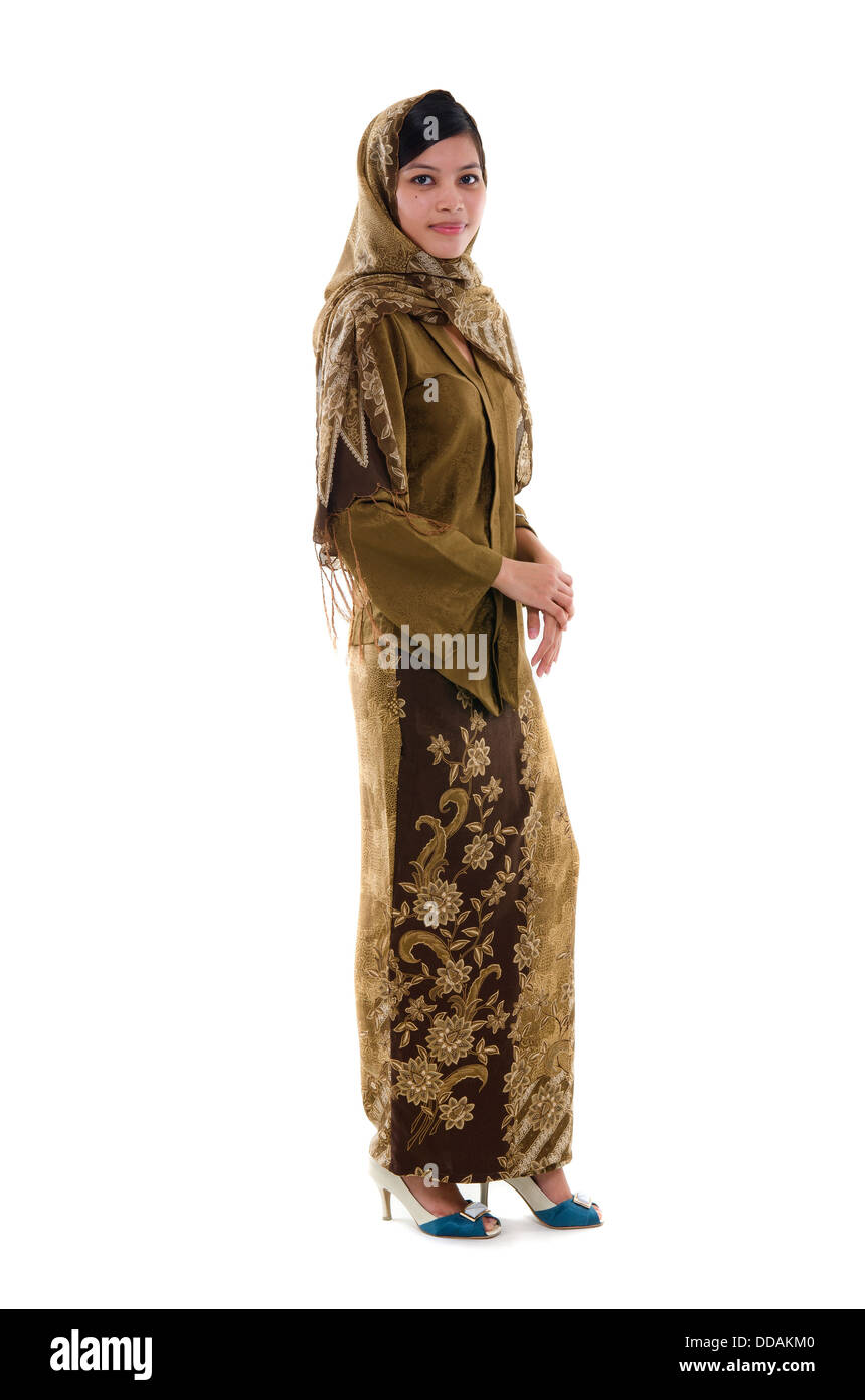 young muslim woman traditional kebaya on white background, full body ...