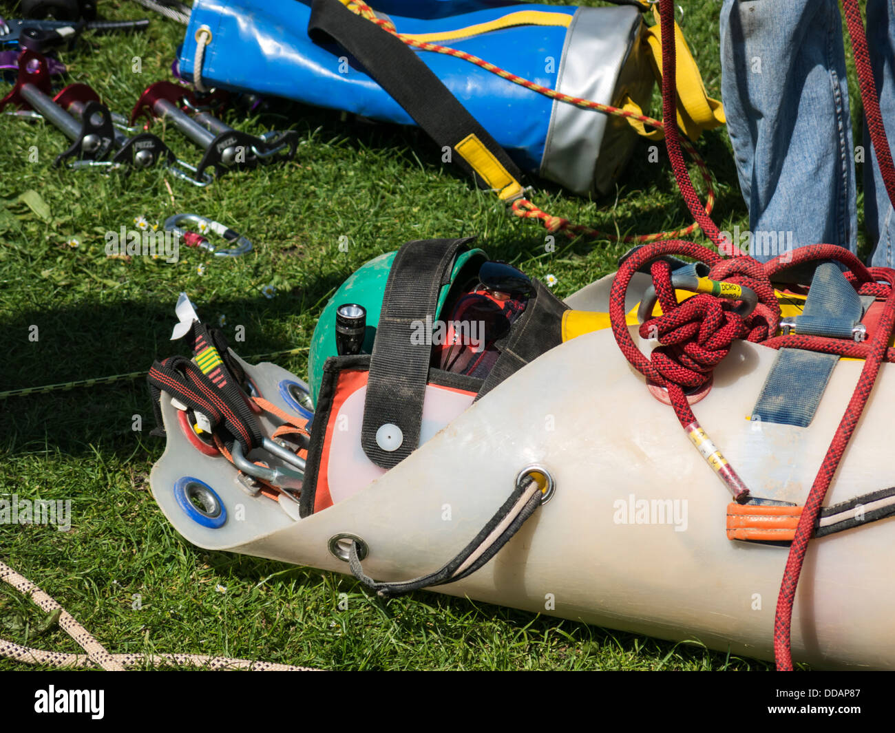 Health and Safety/first aid equipment being demonstrated including cave ...