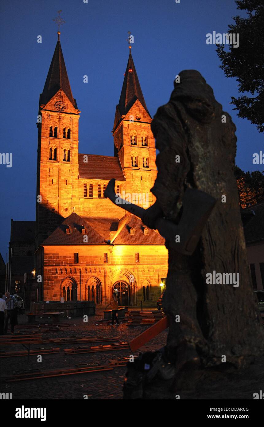 The minor basilica of St. Peter aka Dome of Fritzlar is illuminated in ...