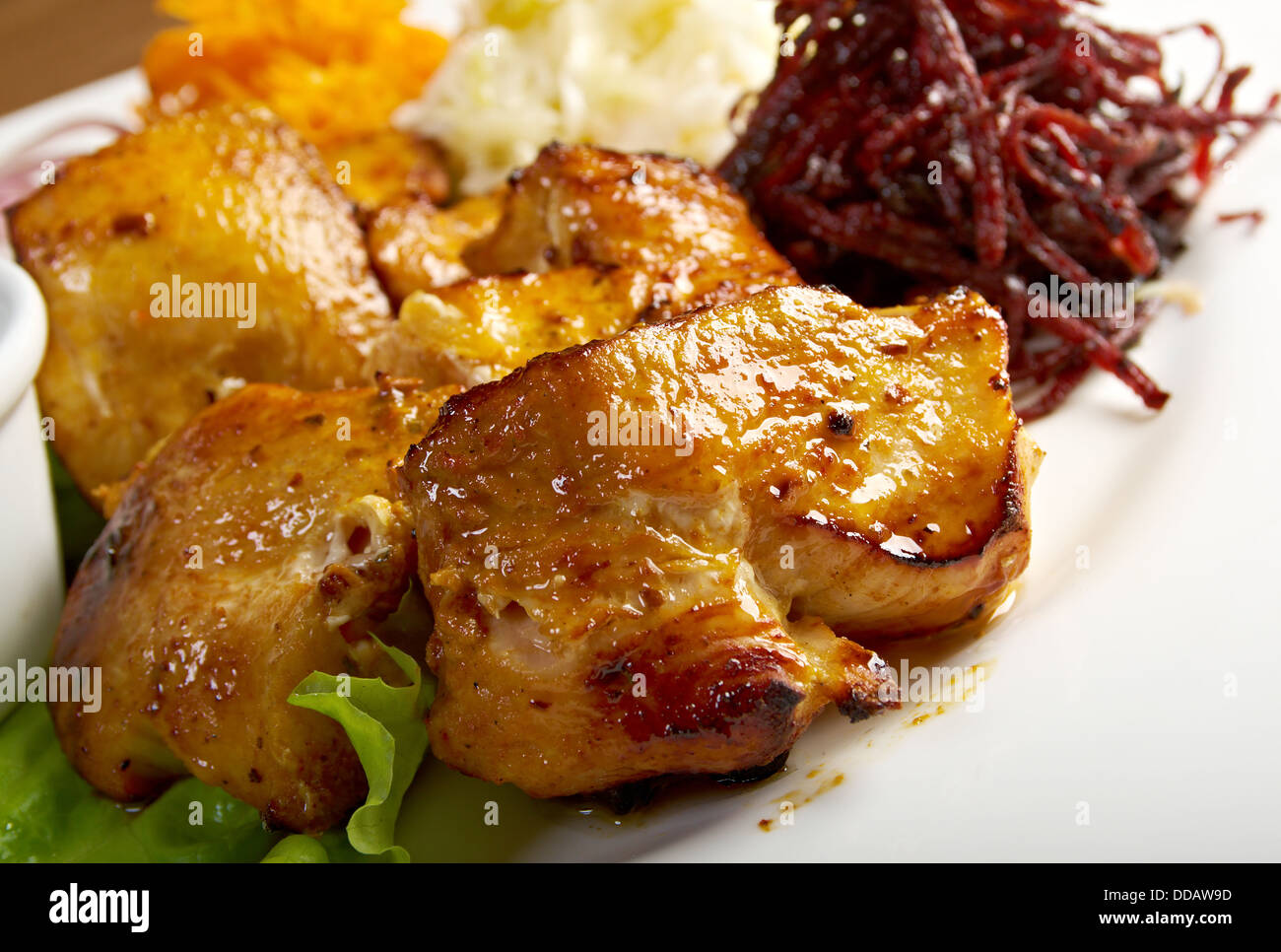 Shashlik (shish kebab) .chicken making roasted with vegetable closeup ...