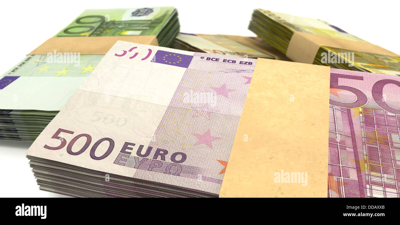 A scattered pile of euro bank notes bundled into value denominations on ...