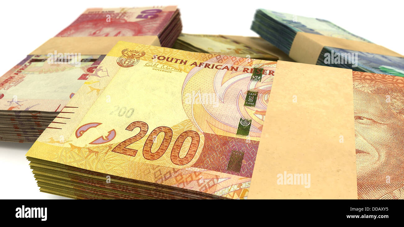 A scattered pile of south african rand bank notes bundled into value ...