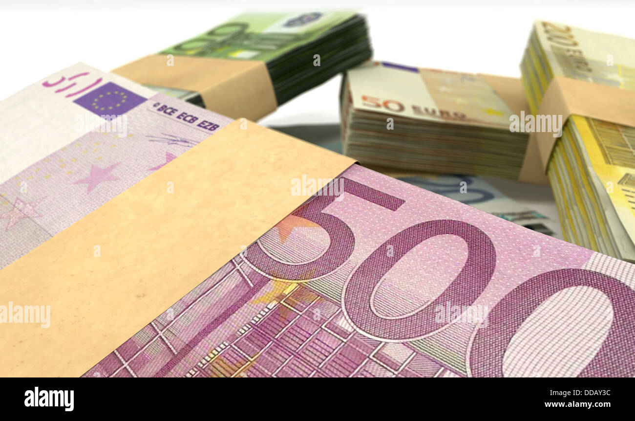 A scattered pile of euro bank notes bundled into value denominations on ...