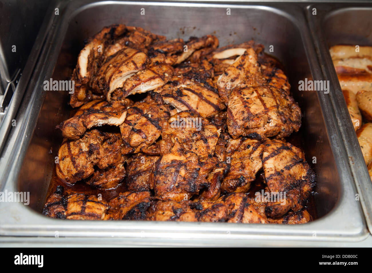 Cooked animal meat products beef cow pork chicken pieces slice portions ...