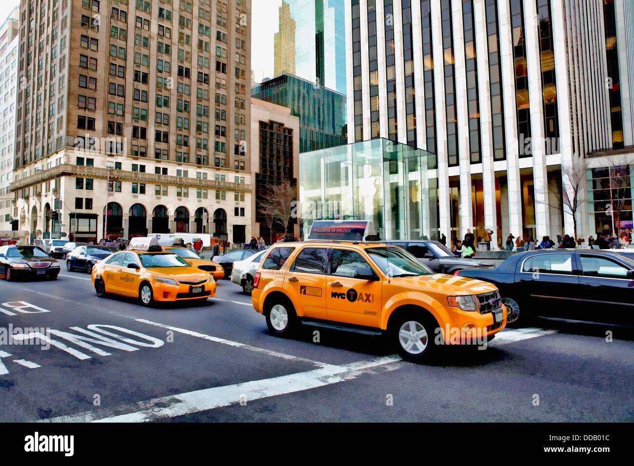 Traffic and Taxis Driving Down Fifth Avenue at 58th Street, New York ...