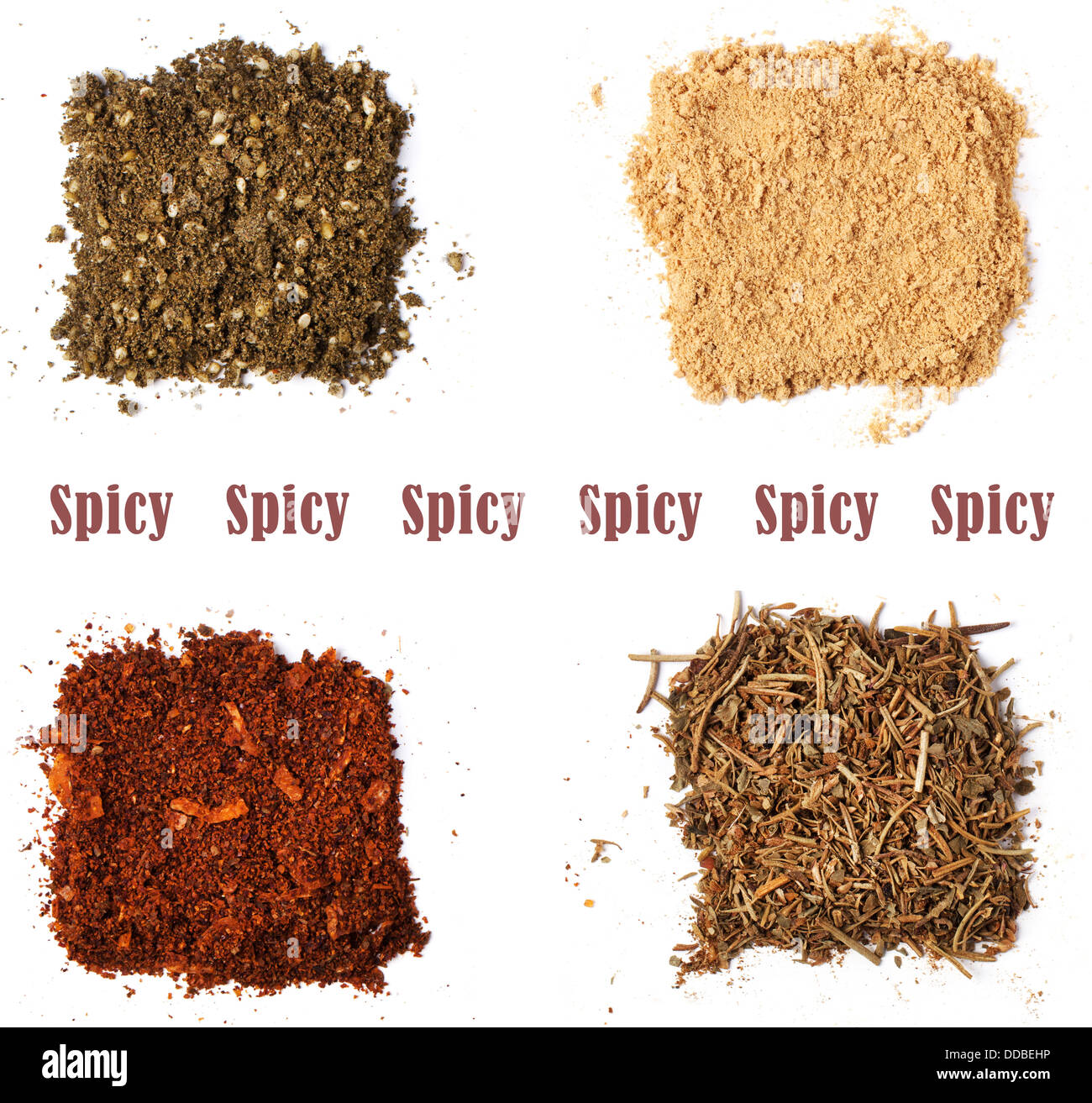 Top view on four squares of spices isolated with sample text Stock ...