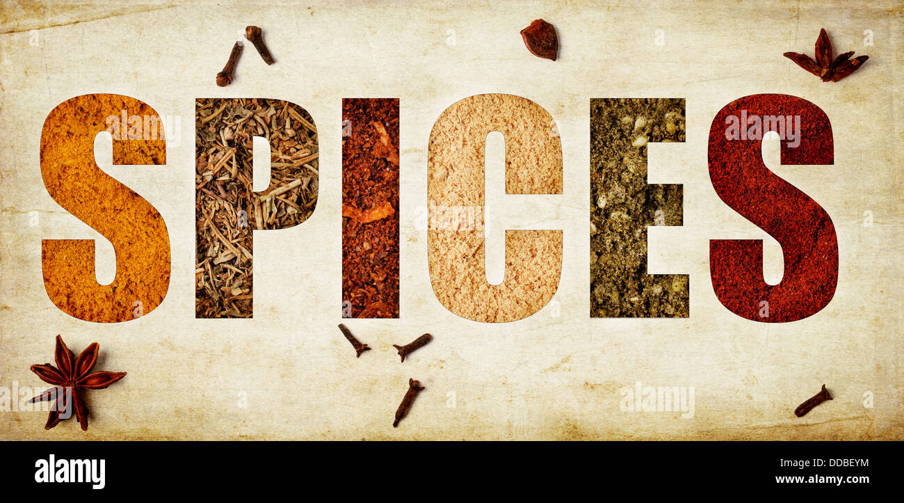 The word spices with mix of spices over textured background Stock Photo ...