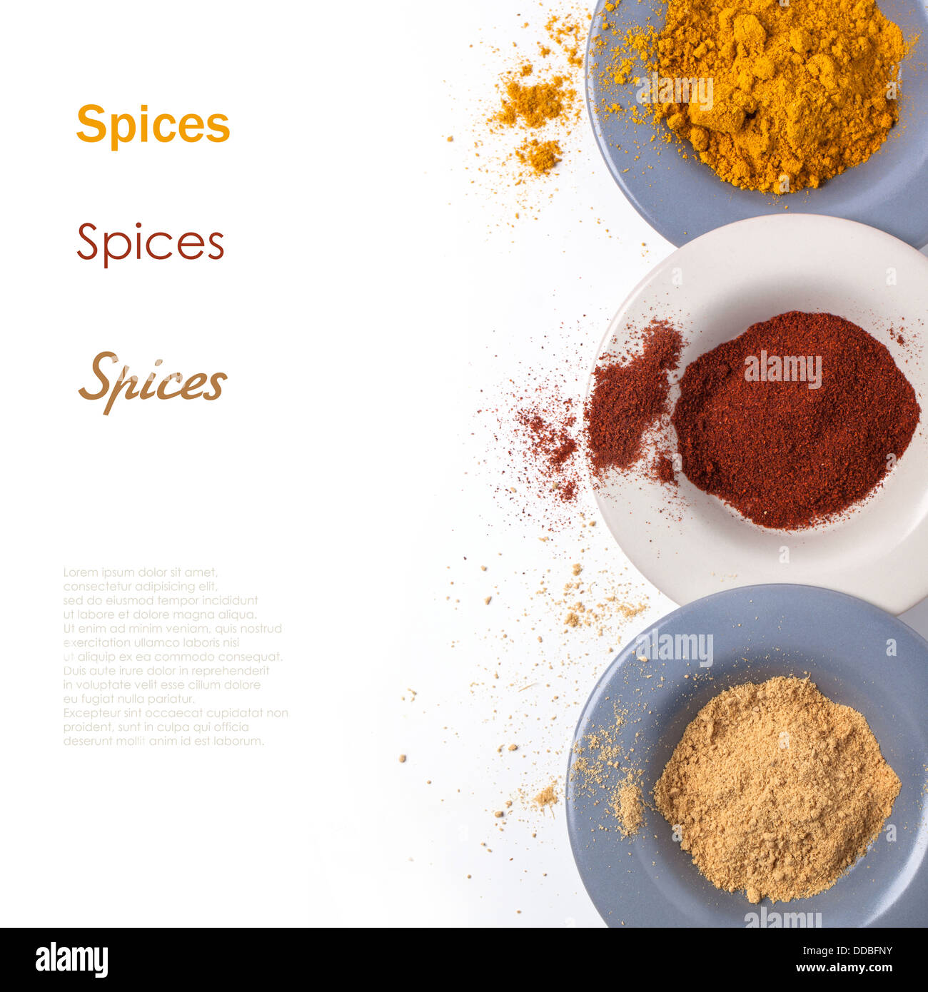 Top view on plates with mix of spices isolated with sample text Stock ...