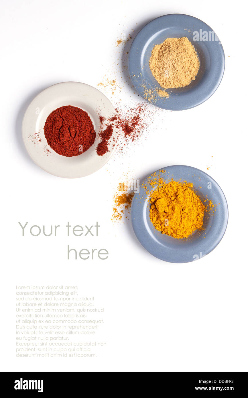 Top view on plates with mix of spices isolated with sample text Stock ...