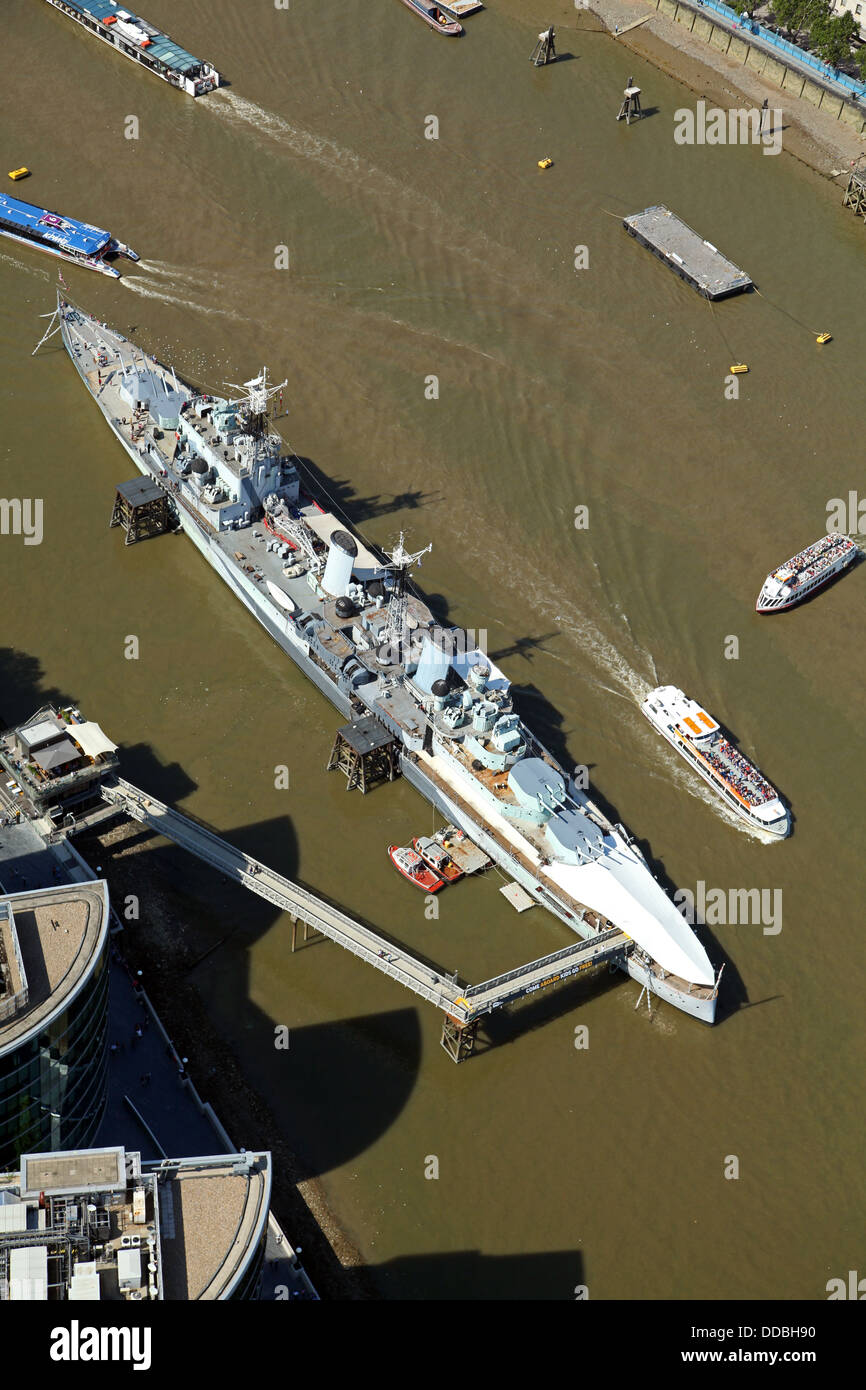 aerial view of HMS Belfast moored up as a museum in the River Thames in ...