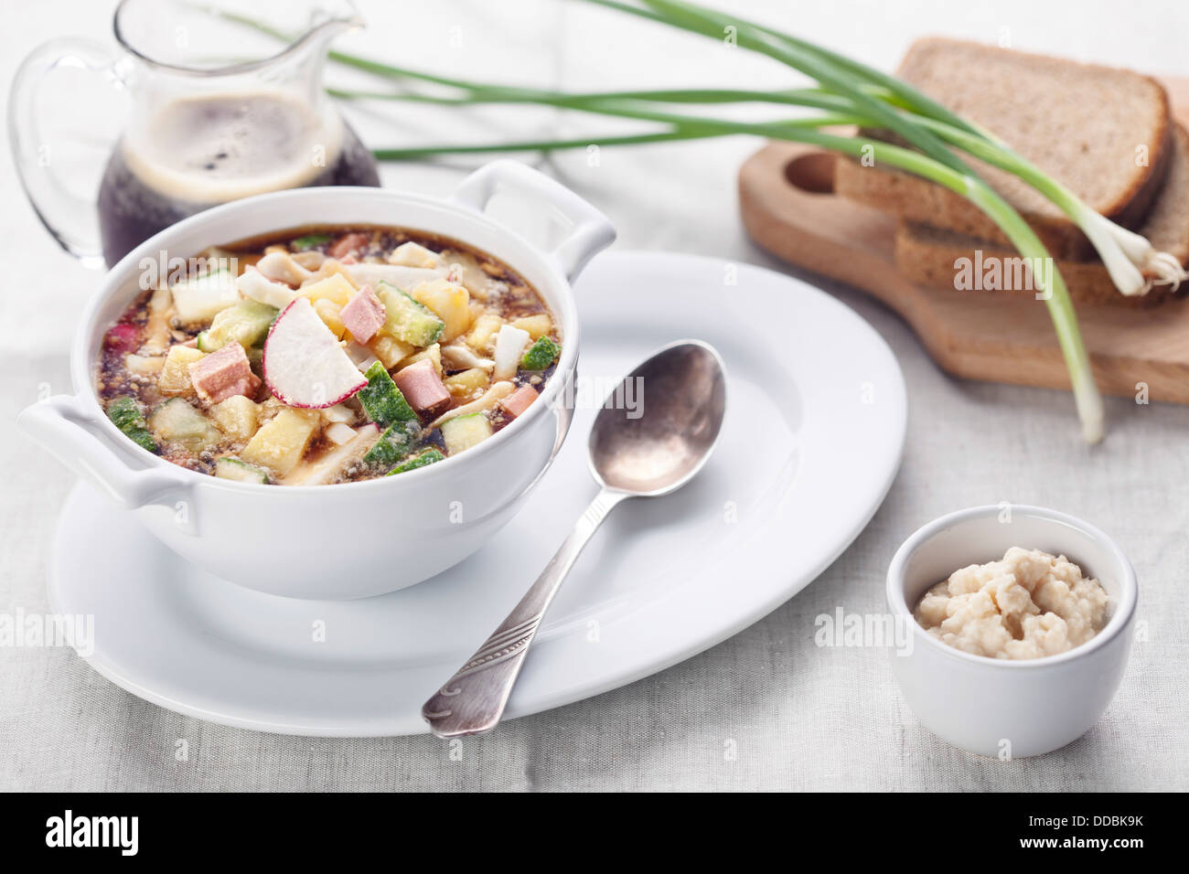 Cold soup with chopped vegetables and meat Stock Photo - Alamy