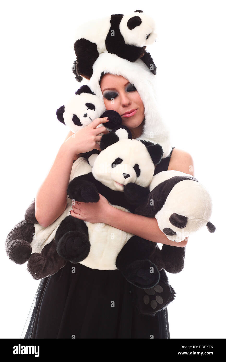 Woman in panda suit with little pandas Stock Photo - Alamy