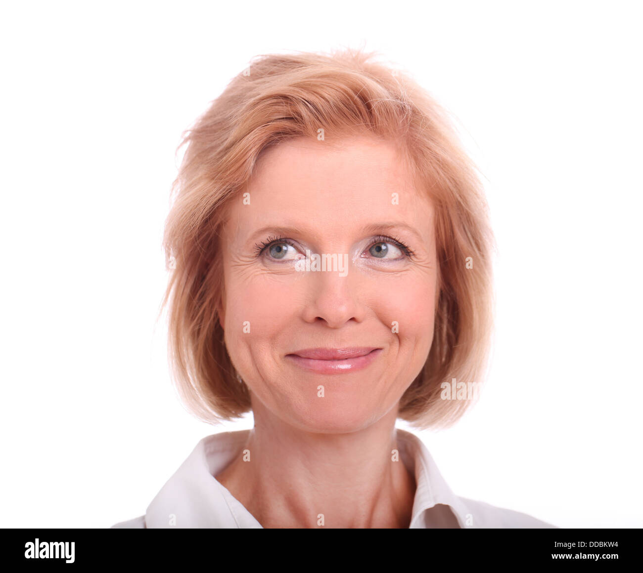Beautiful mid aged woman smilingon a white Stock Photo - Alamy