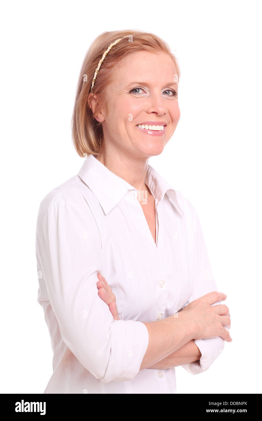Beautiful mid aged woman smilingon a white Stock Photo - Alamy