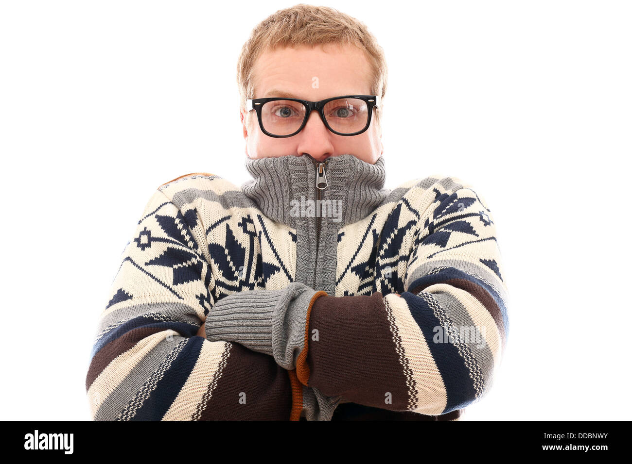 Guy in sweater feel cold over a white background Stock Photo - Alamy