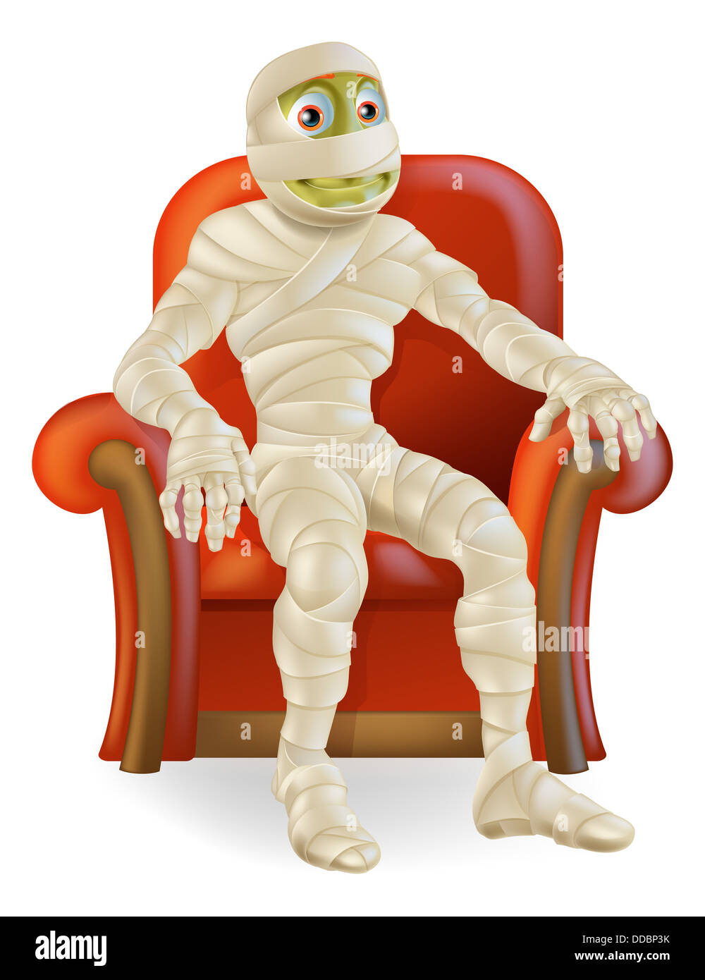 An illustration of a cartoon mummy charter sitting down in a nice arm ...