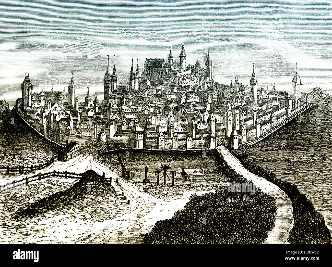 Historical cityscape of Nuremberg, 16th century, Germany, Europe Stock ...