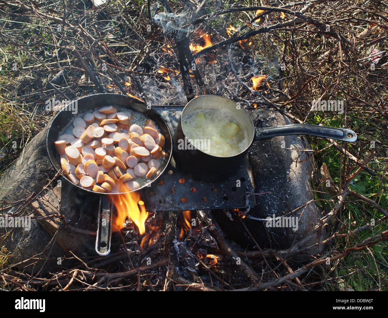 Frying pan and a pot on the fire Stock Photo - Alamy