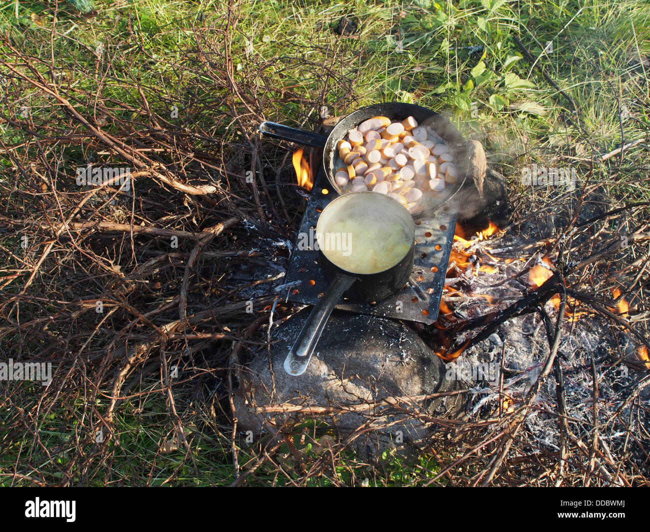 Frying pan and a pot on the fire Stock Photo - Alamy