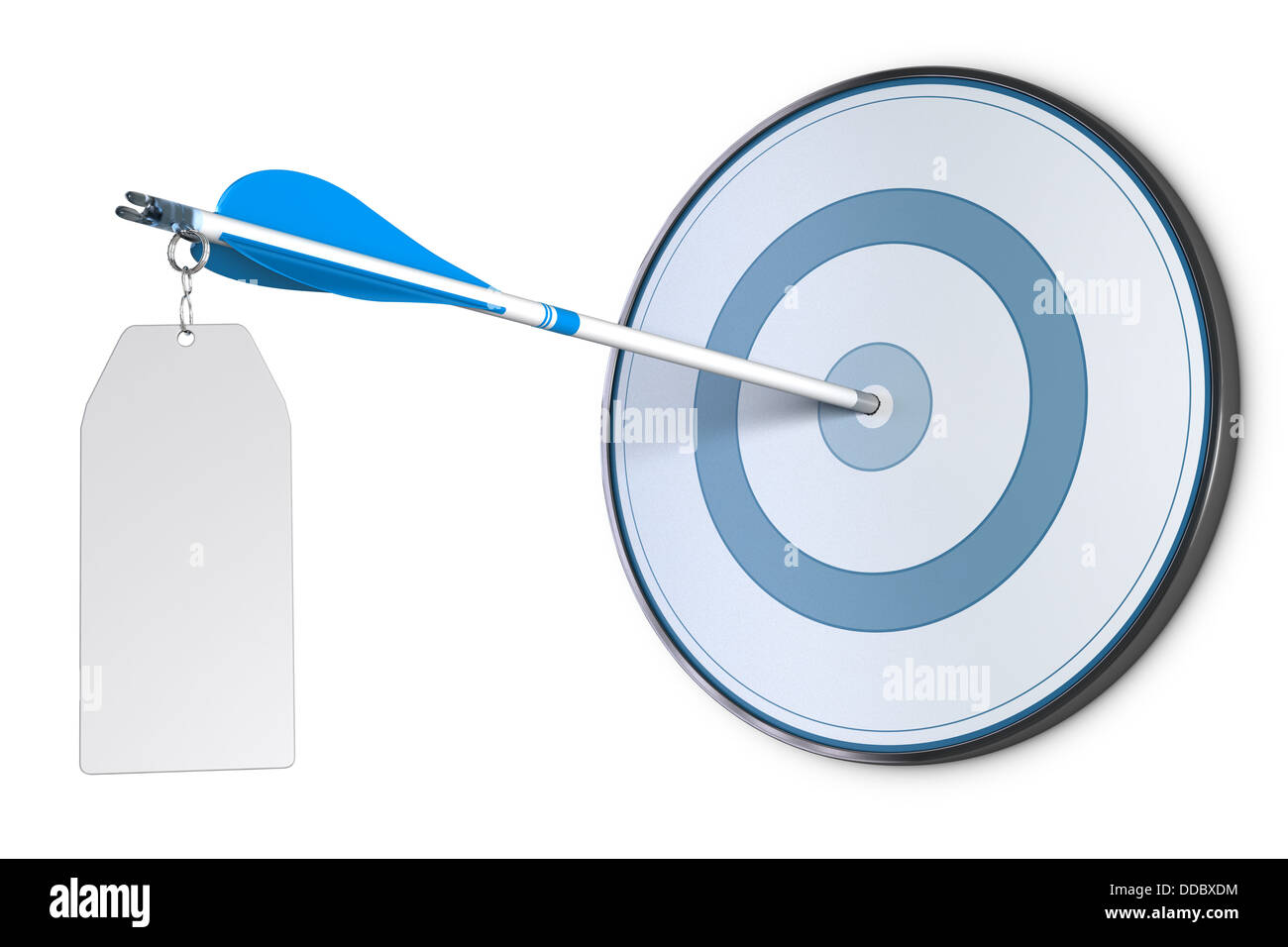 One arrow hit the center of a blue target, a blank sign is fixed at the ...